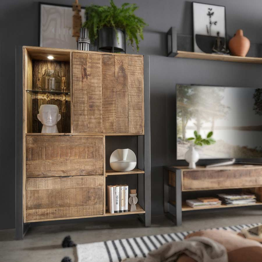 Highboard Liv Mango massiv Holz Metall anthrazit 150 cm @art-allee.de