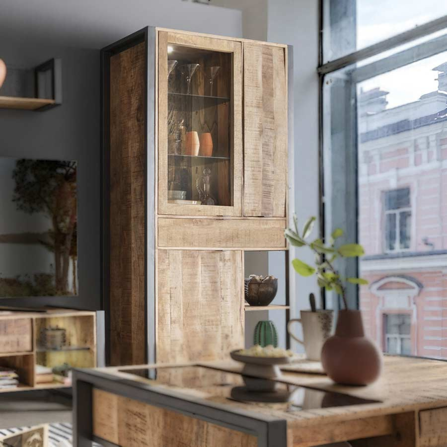 Holz Schrank Vitrine Liv Mango Metall Glas 200 cm @art-allee.de