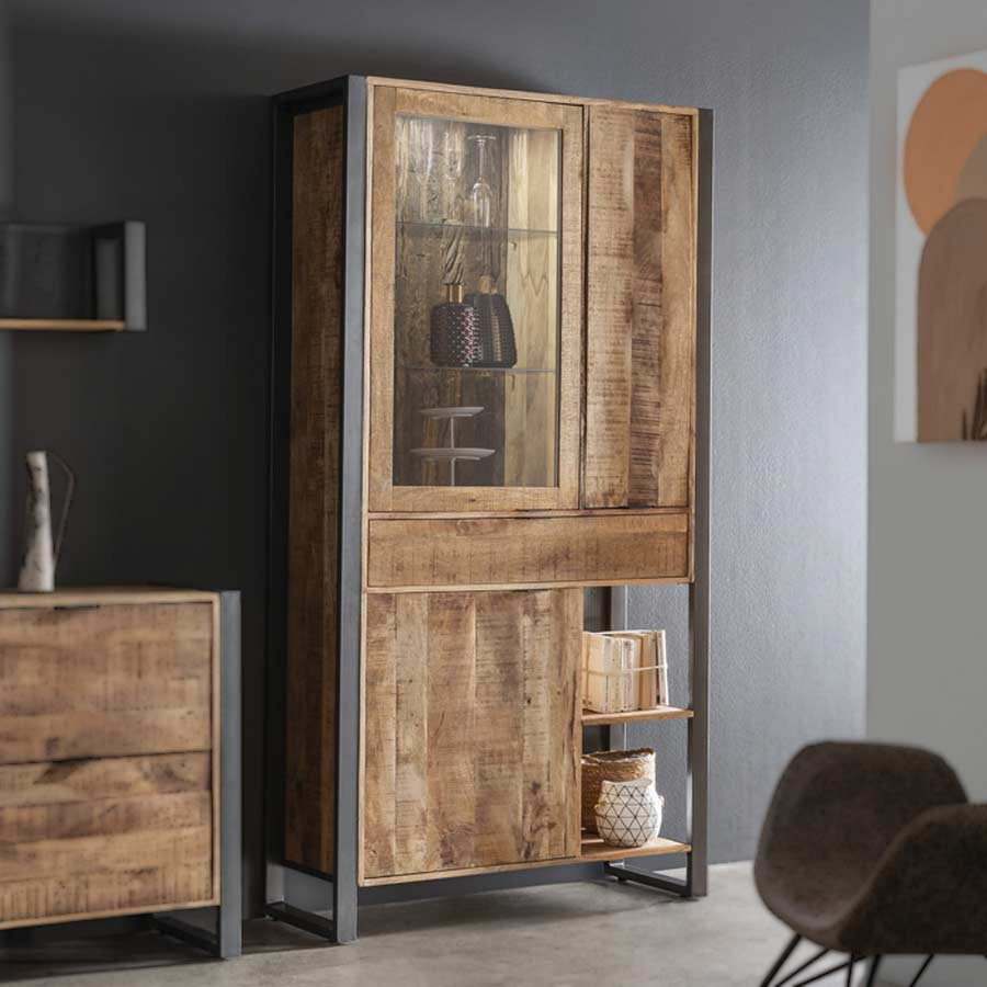 Holz Schrank Vitrine Liv Mango Metall Glas 200 cm @art-allee.de