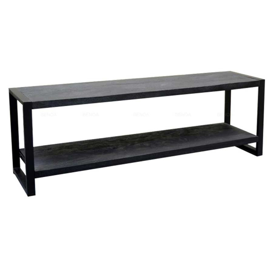 TV Board Holz schwarz Metallgestell 2 Ablagen 180 cm | ArtAllee
