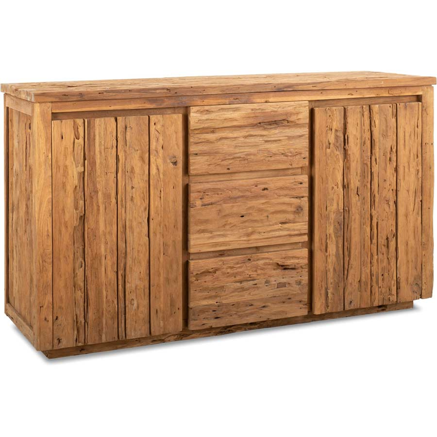 Massives Teak Sideboard Odin 2 Türen 3 Schubladen grobes Altholz 150 c